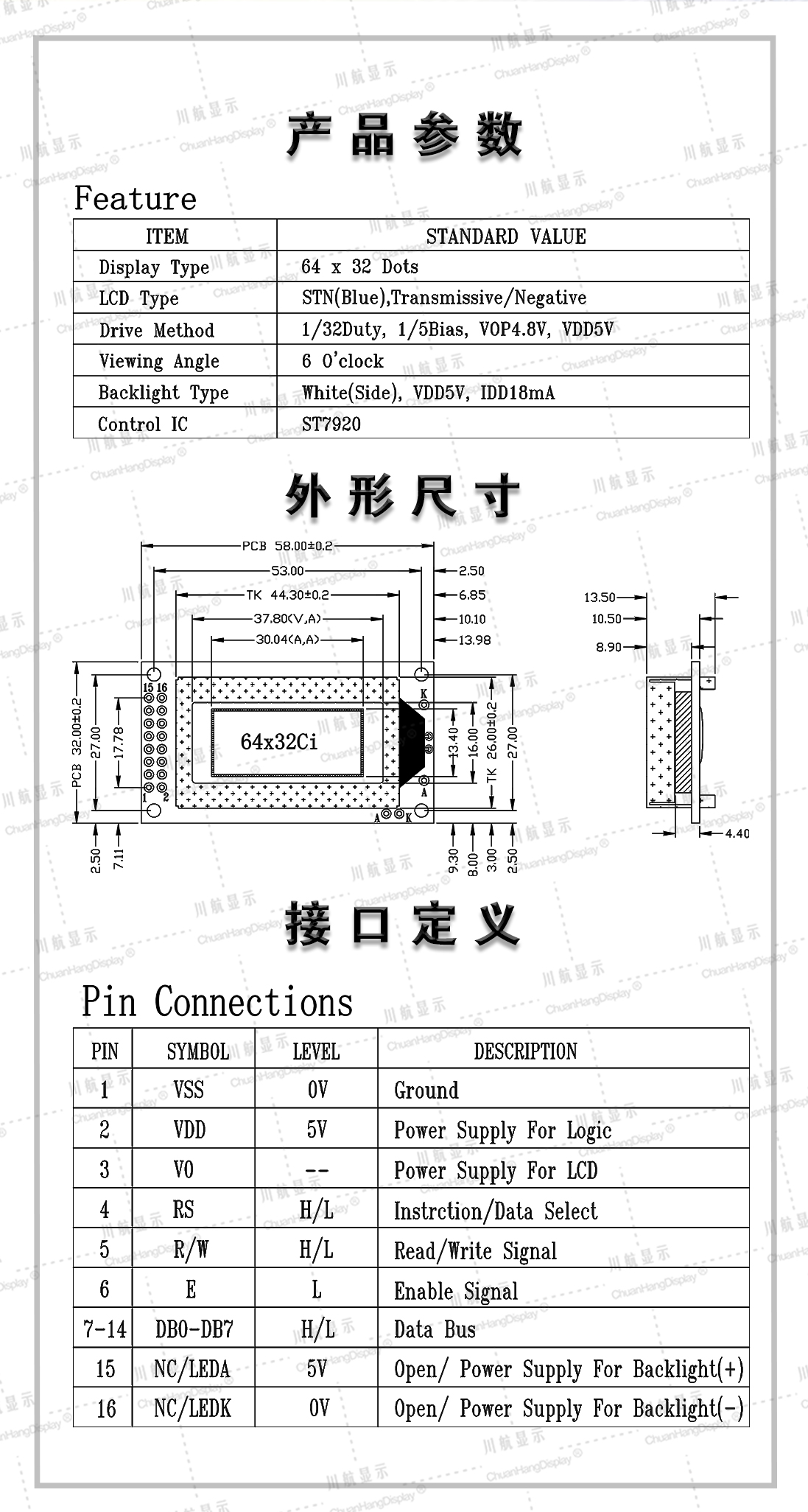 单色屏64x32点阵